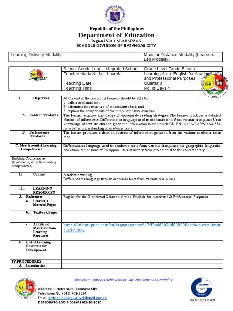 Lesson Exemplar EAPP | PDF | Learning | Essays