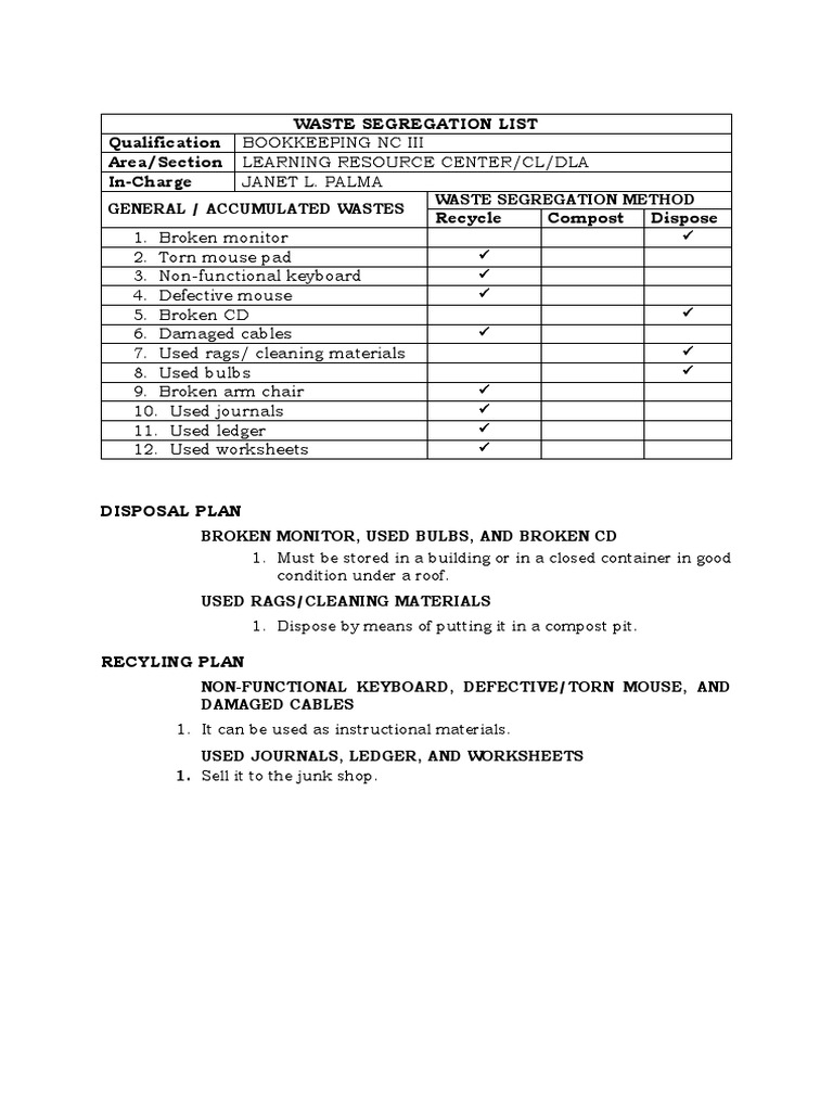 Template #9 Waste Segregation Checklist-Janet | PDF