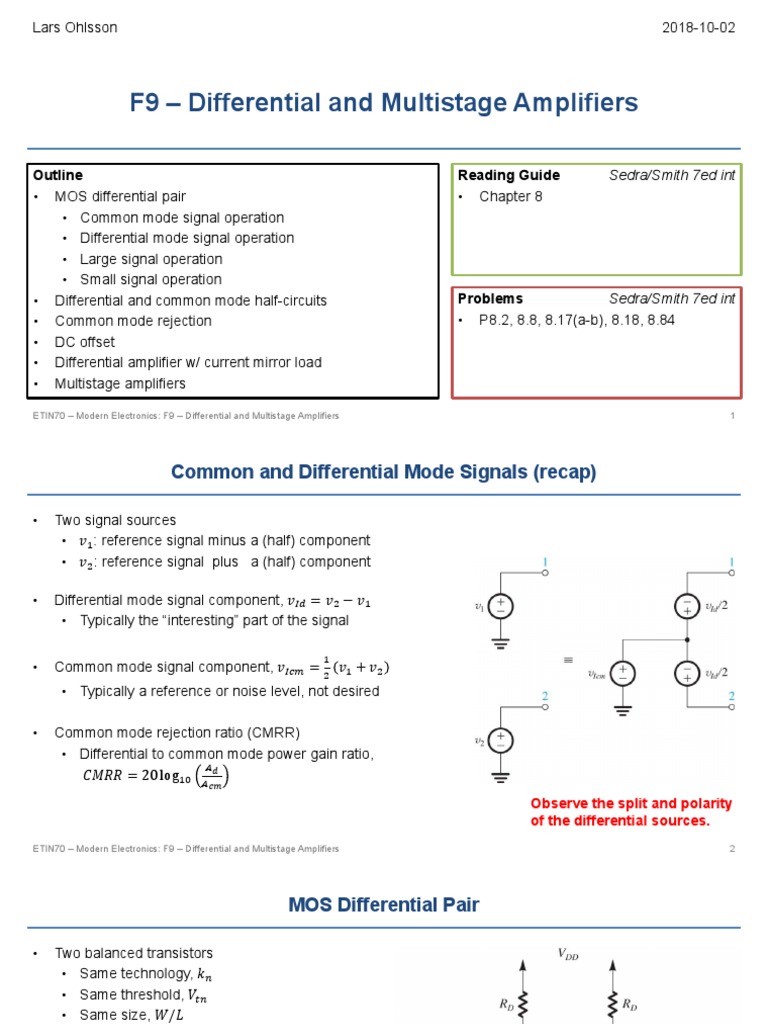 F9 - Differential and Multistage Amplifiers: Reading Guide Outline | PDF | Amplifier | Bipolar ...