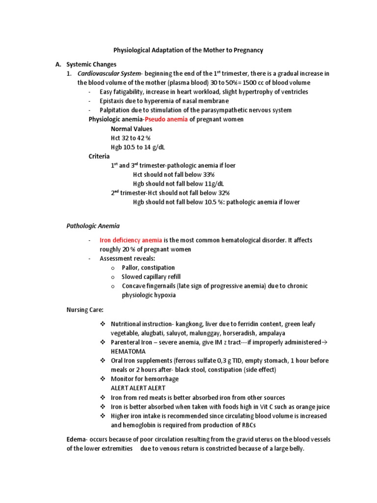 Physiological Adaptation of The Mother To Pregnancy | PDF | Anemia ...