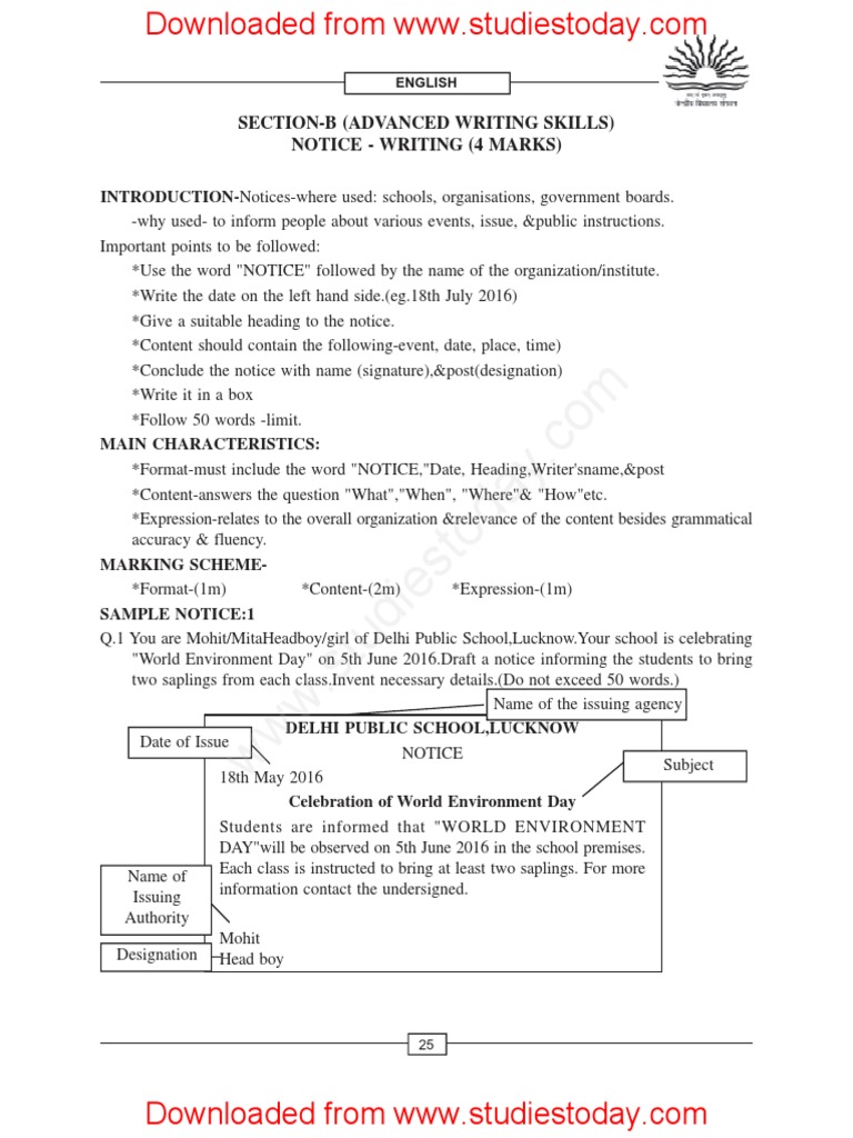CBSE Class 12 English Notice Writing | PDF | Communication | Cognition