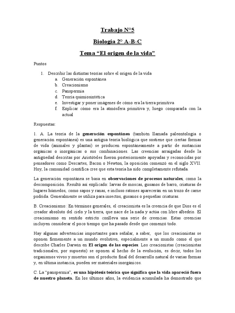 Trabajo Práctico - Biología-N°5 - Origen de La Vida | PDF | Vida ...