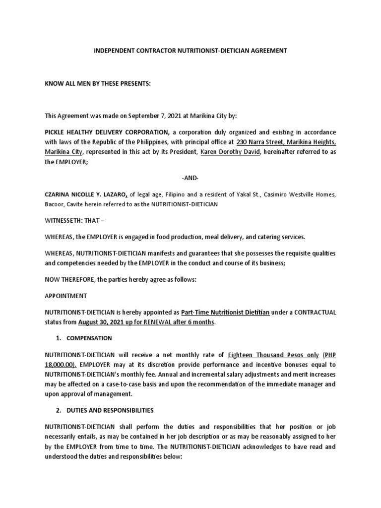 Contract of Agreement Nutritionist Dietician | PDF | Employment | Confidentiality