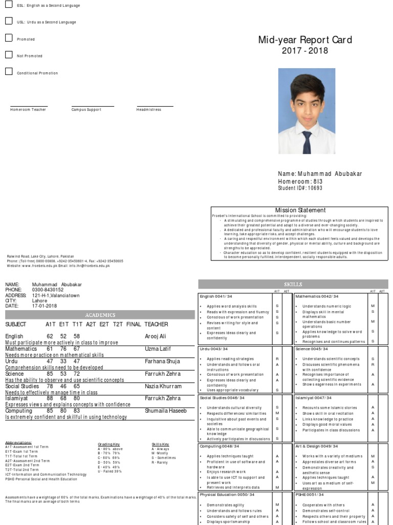 Mid-Year Report Card: Name: Muhammad Abubakar Homeroom: 8I3 | PDF ...