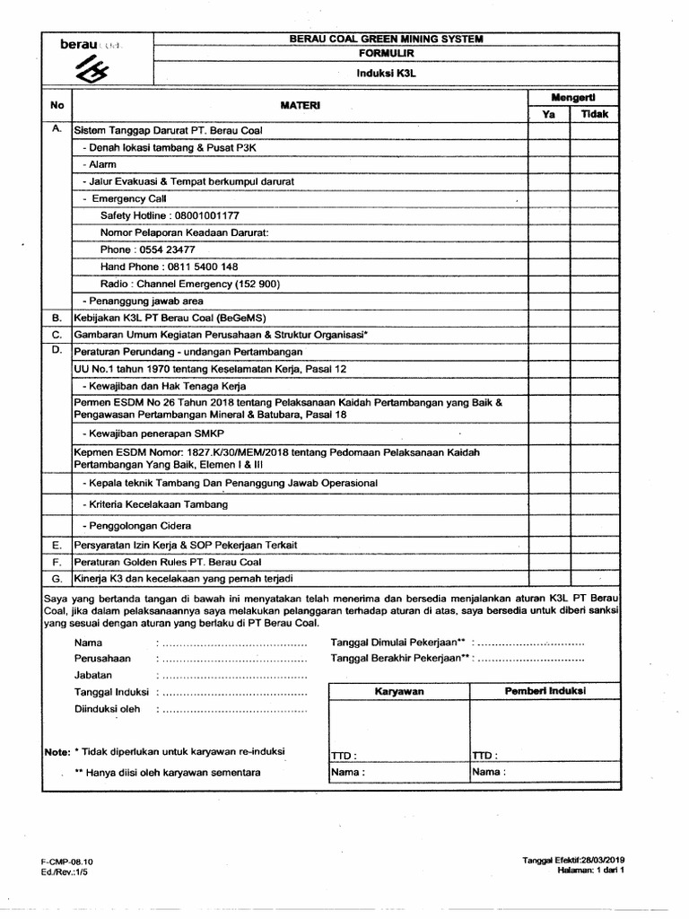 Formulir Induksi K3L - BerauCoal | PDF