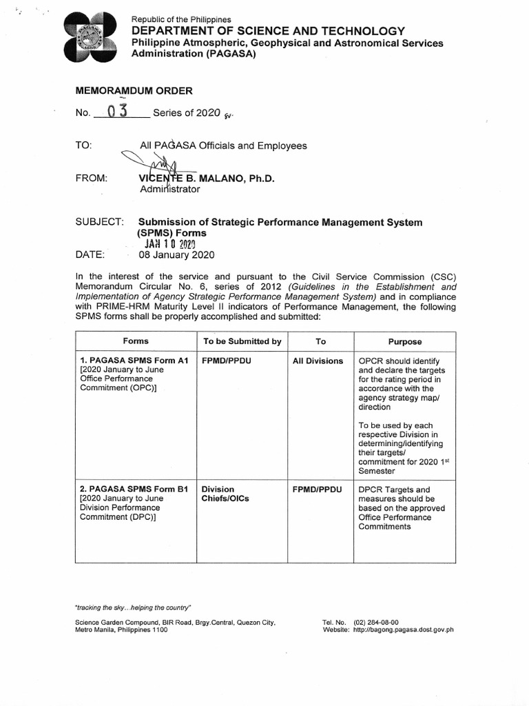 PAGASA MEMO Order No. 03 S. 2020 - Submission of Strategic Performance ...