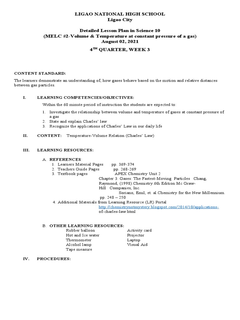 Detailed Lesson Plan | PDF | Gases | Temperature