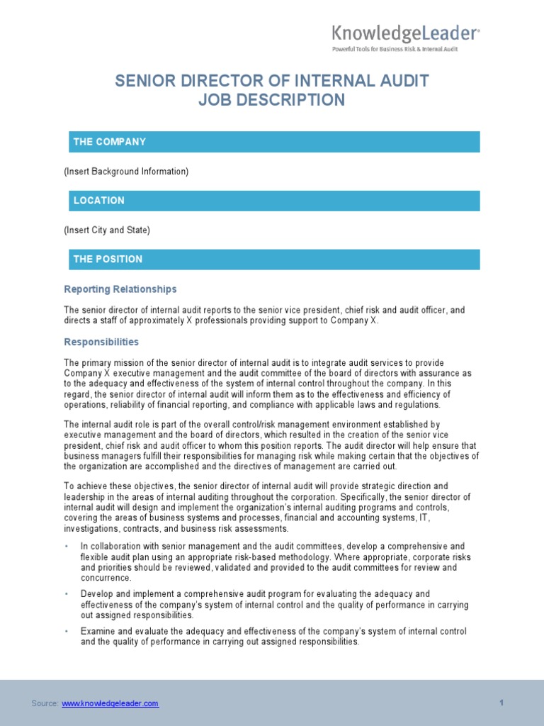 Senior Director Internal Audit Job Description | PDF | Internal Audit ...