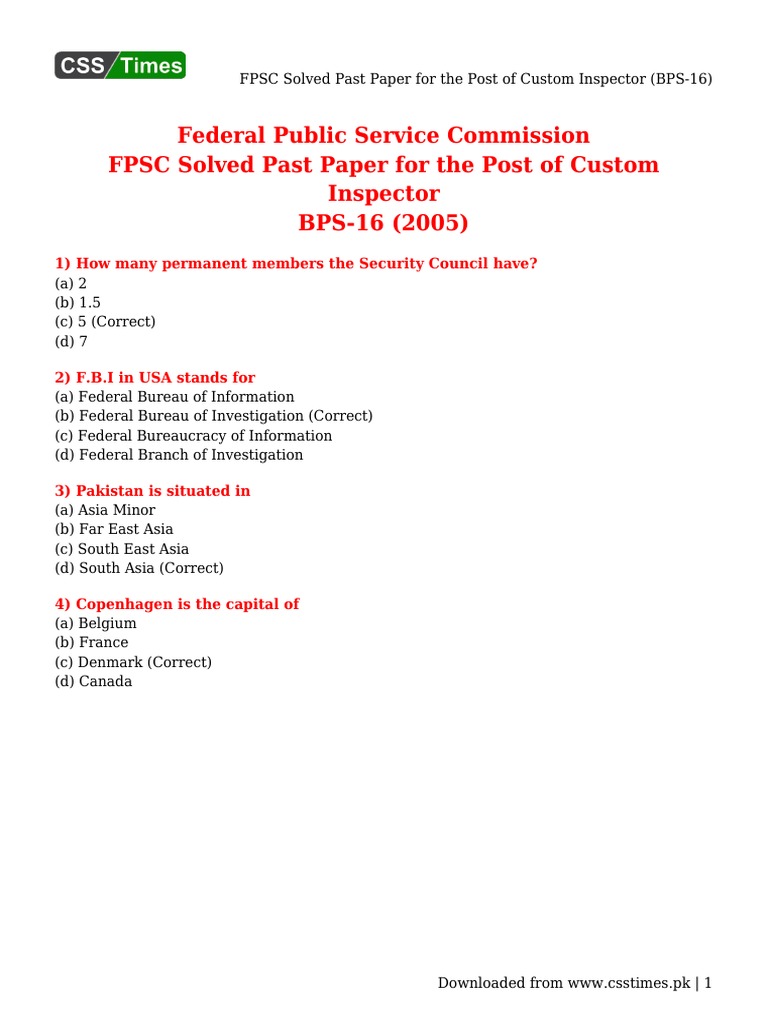 Custom Inspector Past Paper Solutions | PDF | Surah | Pakistan