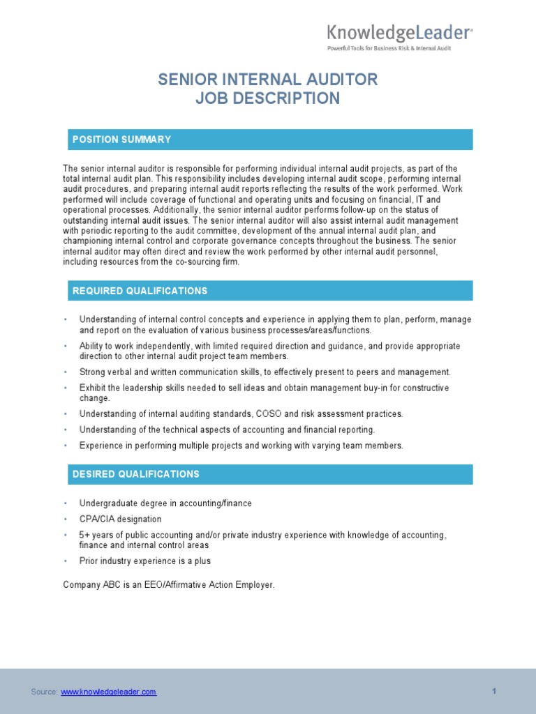 Senior Internal Auditor Job Description | PDF | Internal Audit ...
