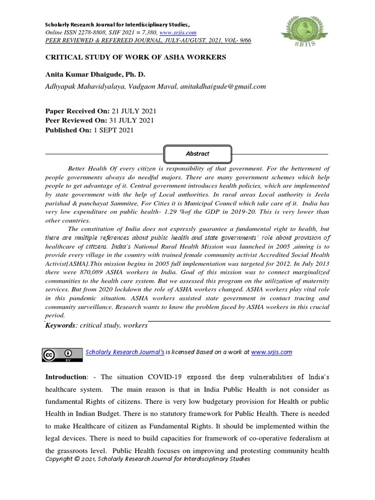 Critical Study of Work of Asha Workers | PDF | Health Care | Health ...