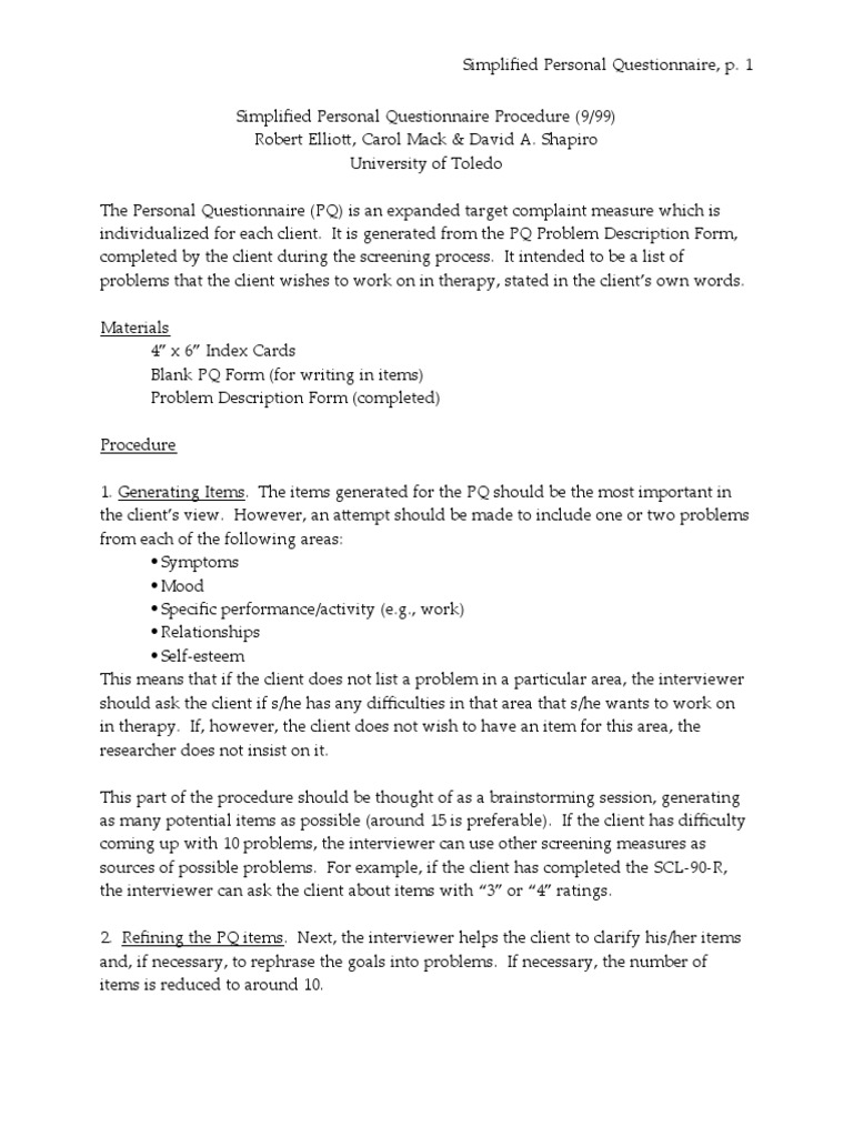 PQ Procedure Focusing Q | PDF | Psychotherapy | Questionnaire