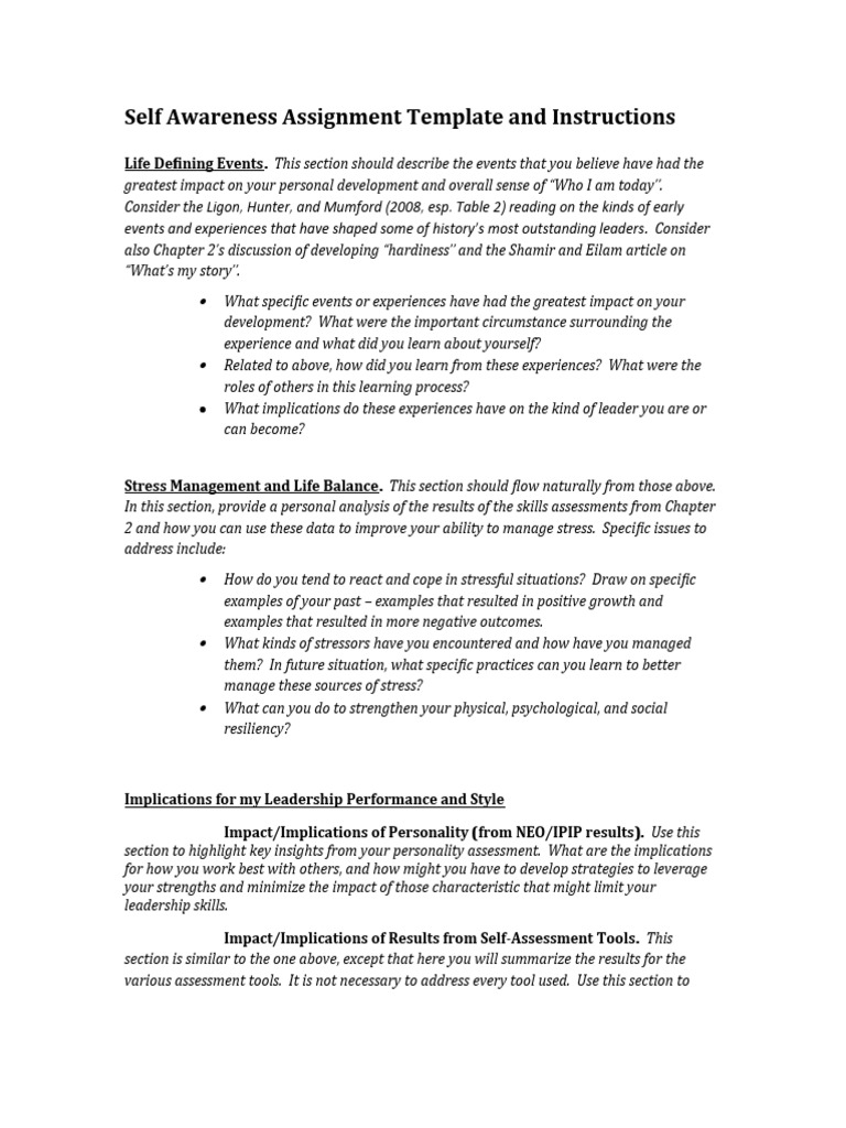 Self Awareness Assignment Template and Instructions | PDF ...