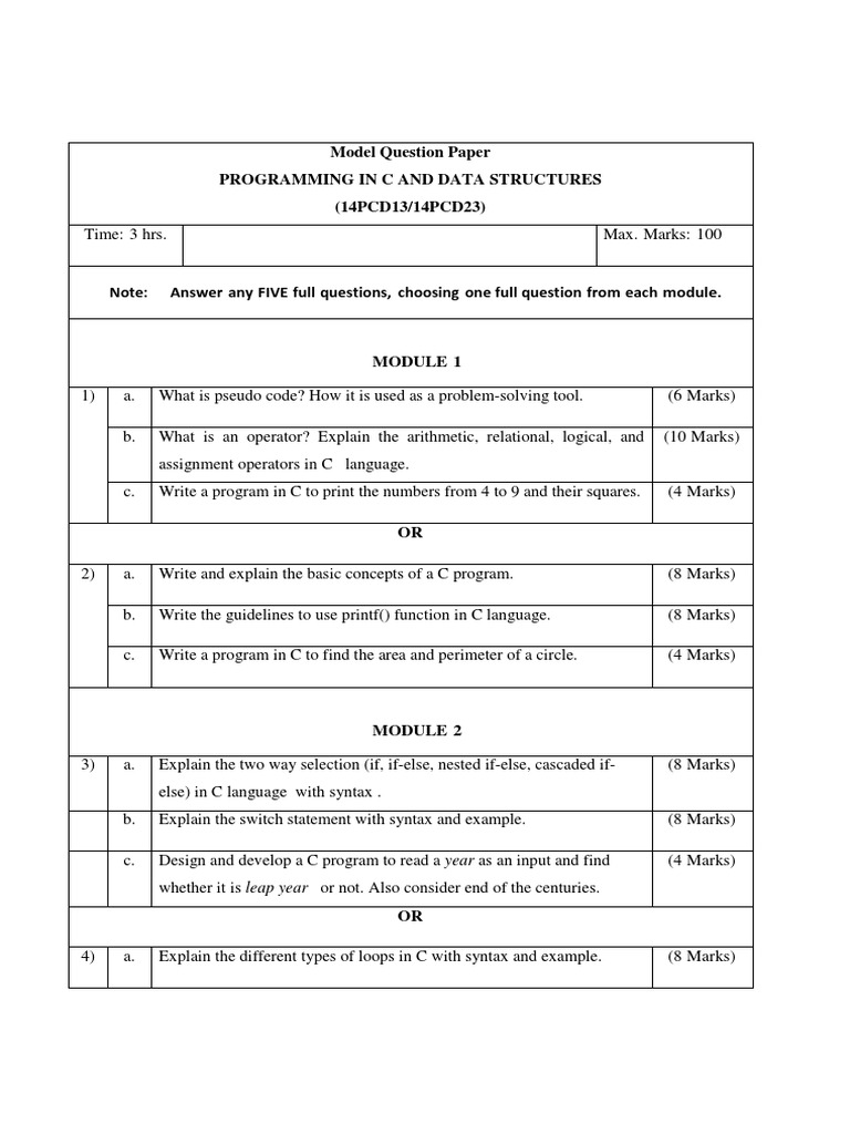 Model Question Paper Programming in C and Data Structures (14PCD13 ...