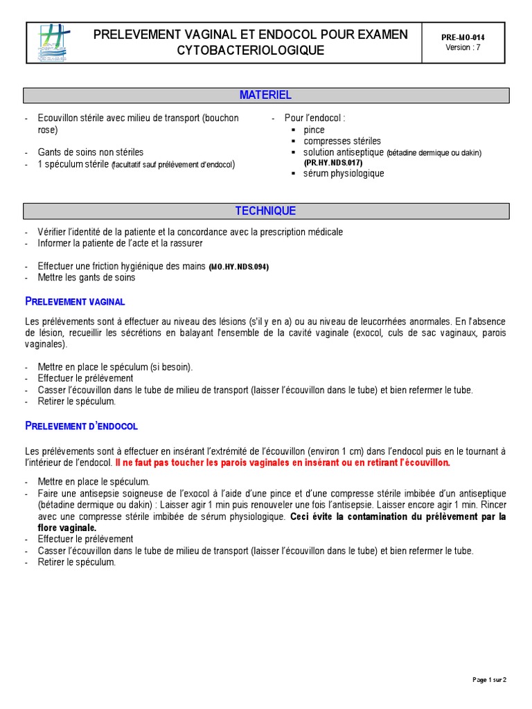 Prélèvement Vaginal Et Endocol | PDF | Médecine | Immunologie
