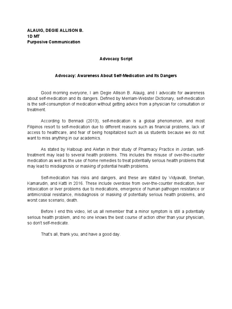 Self-Medication Awareness Advocacy Script | PDF | Self-Improvement