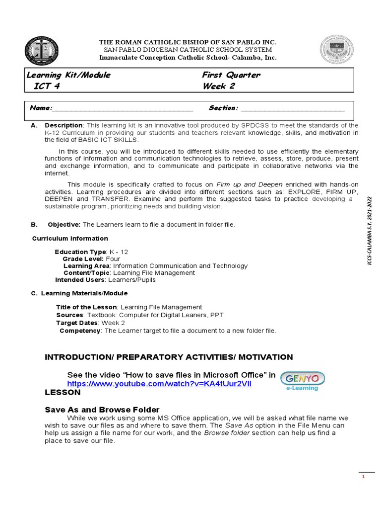 Learning Kit/Module First Quarter Ict 4 Week 2: Immaculate Conception ...