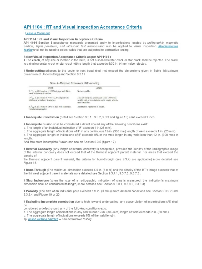 API 1104 Acceptance Criteria | PDF | Nondestructive Testing | Welding