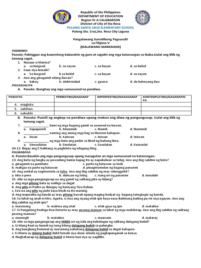 2nd Summative Test Filipino q2 | PDF