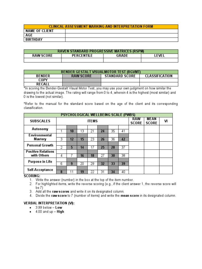 Clinical Assessment Marking and Interpretation Form | Download Free PDF ...