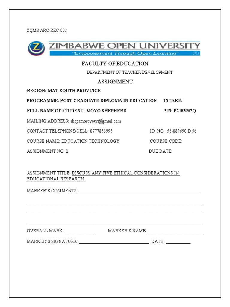 Faculty of Education Assignment: ZQMS-ARC-REC-002 | PDF | Informed Consent | Privacy