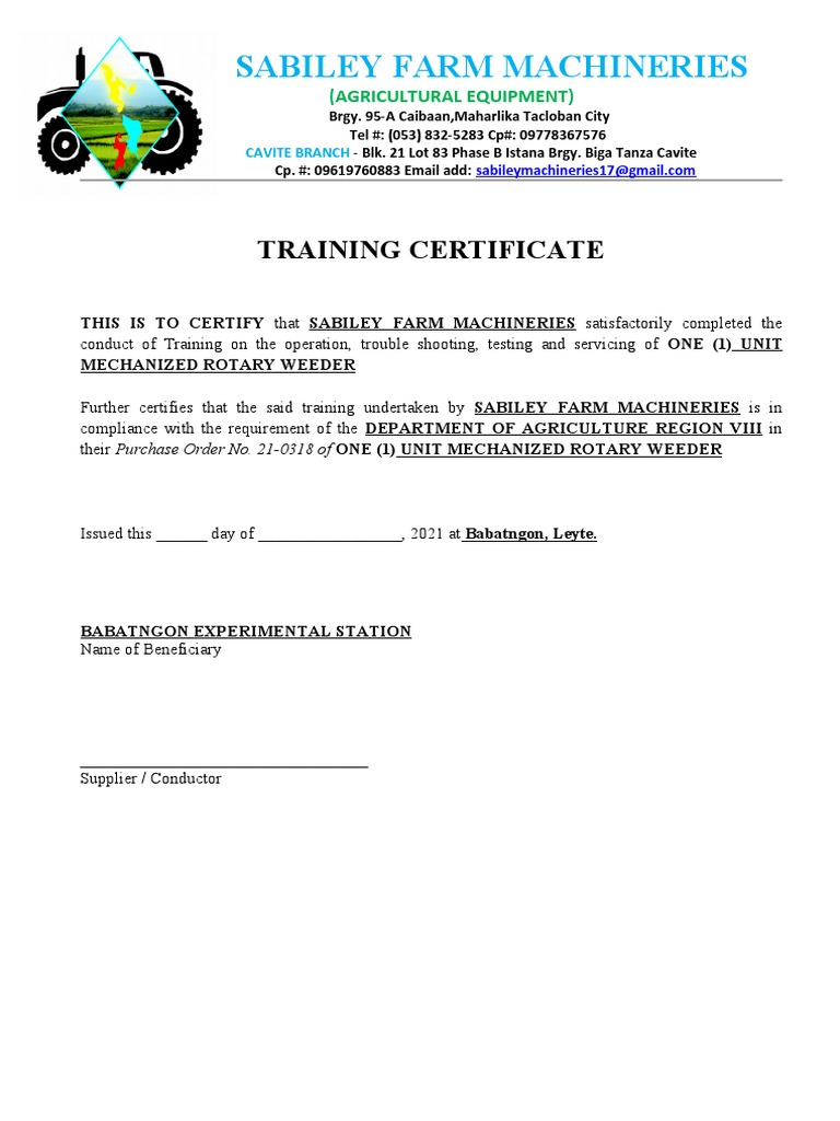 Sabiley Farm Machineries: Training Certificate | PDF | Technology ...