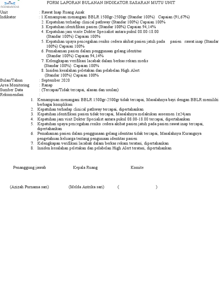 FORM LAPORAN BULANAN INDIKATOR SASARAN MUTU UNIT September | PDF