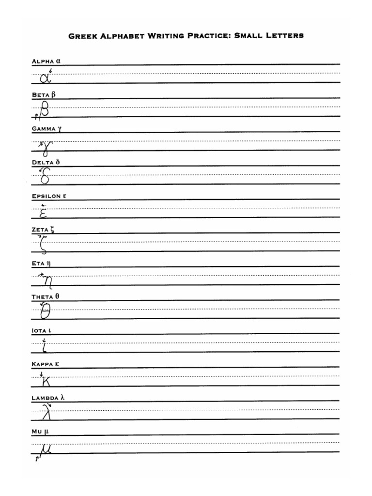 Main Greek Alphabet Writing Practice Sheet With Sample Letters | PDF