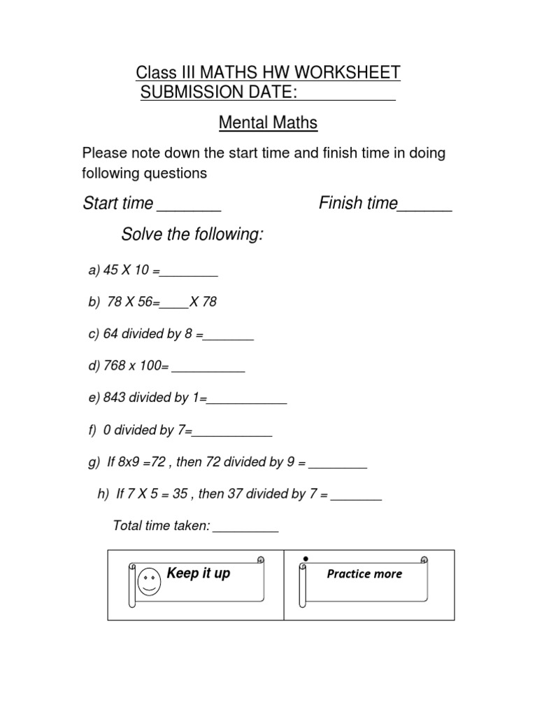 CBSE Class 3 Mathematics Worksheet (43) - Mental Maths | PDF
