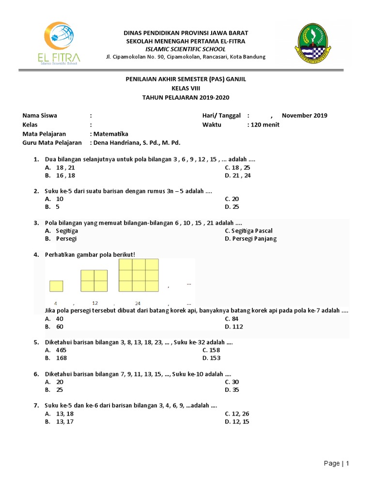 Soal PAS Matematika Kelas 8 TP 2019-2020 | PDF