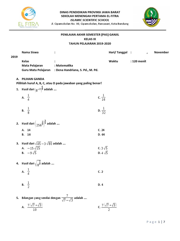 Soal PAS Matematika Kelas 9 TP 2019-2020 | PDF