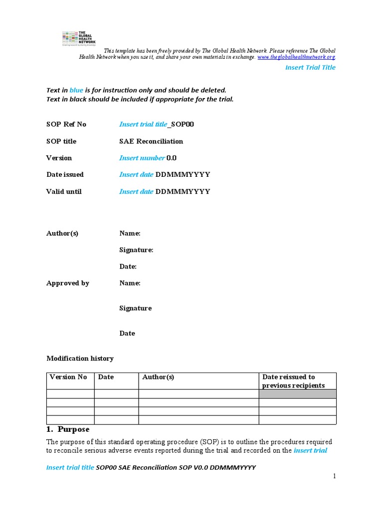 SAE Reconciliation SOP Template | PDF | Clinical Trial | Databases
