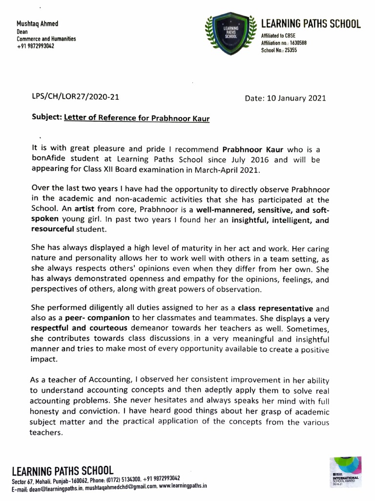 Letter Reference Prabhnoor Kaur: Learning Paths School | PDF | Behavior Modification ...
