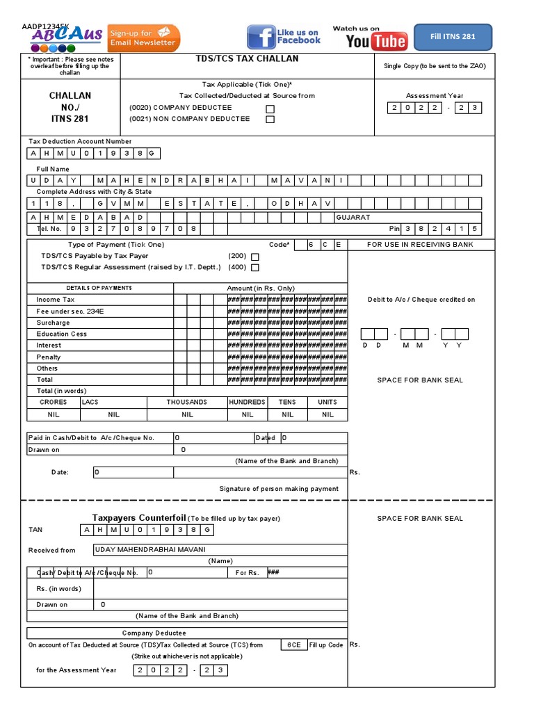Tds/Tcs Tax Challan: AADP12345K | PDF | Payments | Cheque
