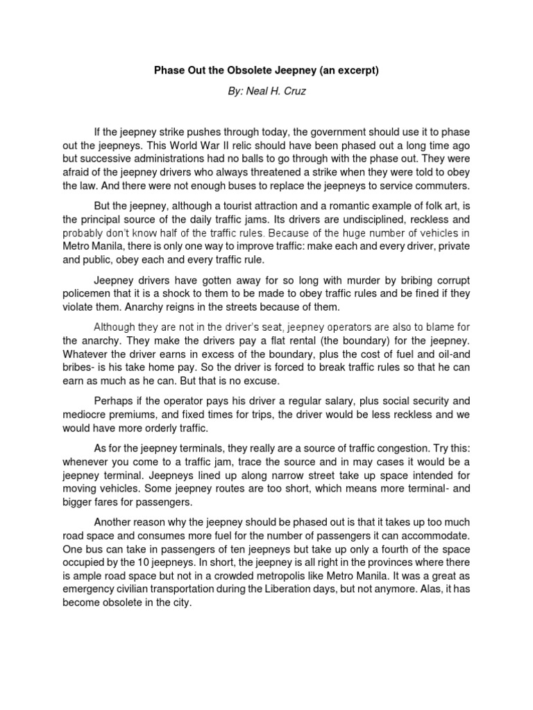 Phasing Out the Obsolete Jeepney | PDF | Bus | Traffic