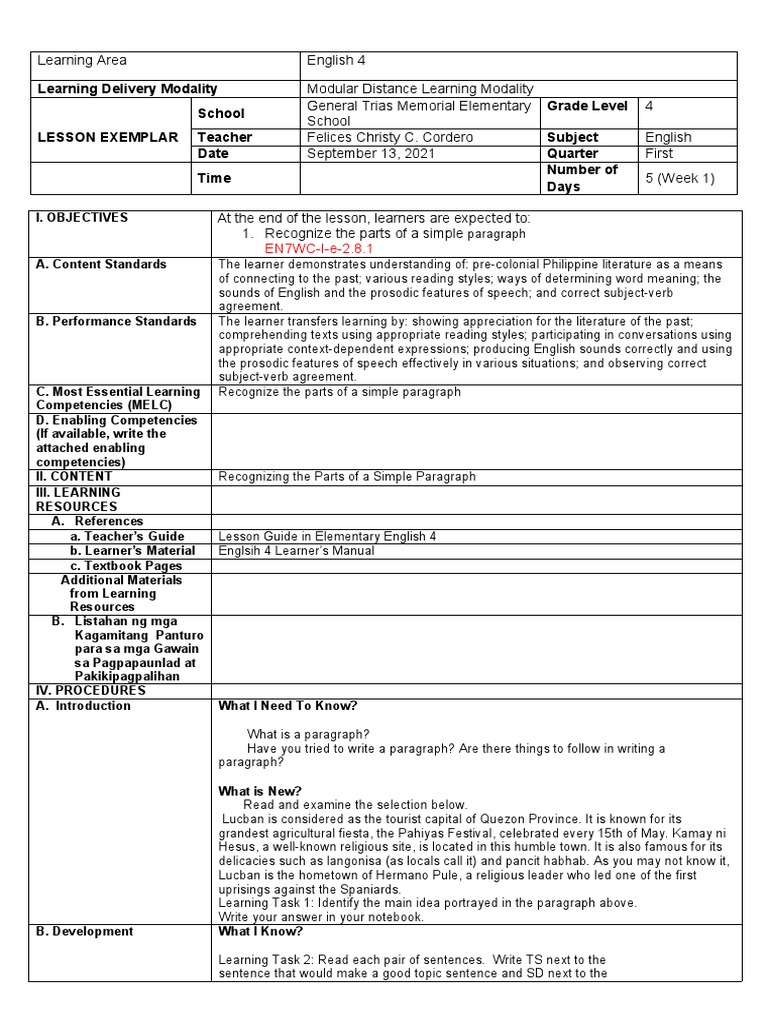 LESSON EXEMPLAR in ENGLISH | PDF | Paragraph | Learning