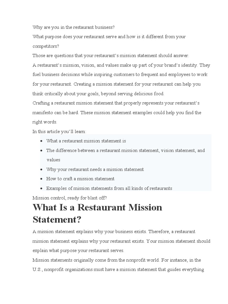 What Is A Restaurant Mission Statement? | PDF | Fair Trade | Coffee