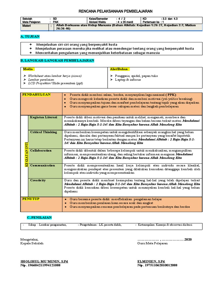 RPP 1 Lembar Pak & BP Kelas 4 Semester 2 | PDF