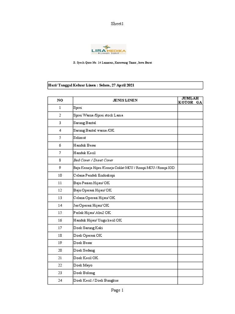 Form Linen Laundry Rumah Sakit | PDF