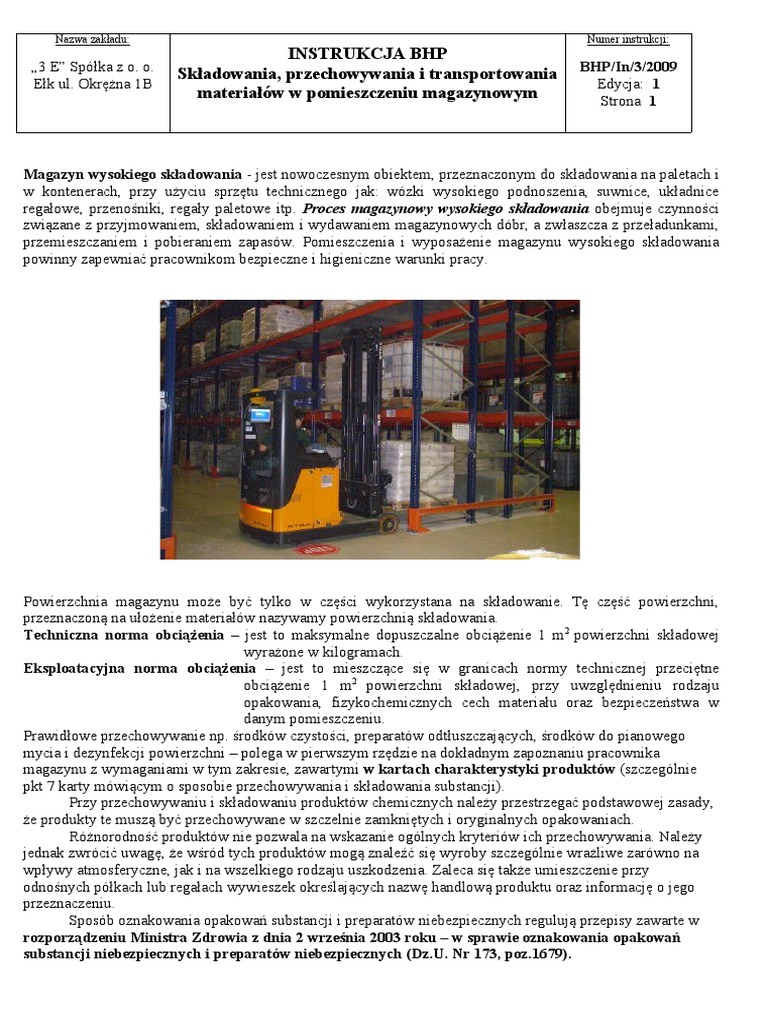 Instrukcja BHP W Magazynie Wysokiego Składowania | PDF