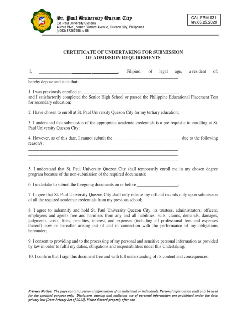 Cert. of Undertaking - College | PDF | Information Privacy | Justice