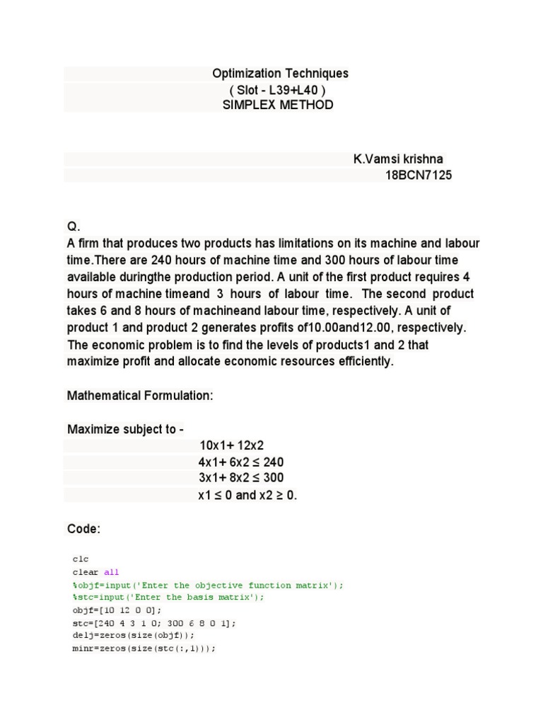 Simplex Method - 18BCN7125 | PDF | Mathematical Optimization | Applied Mathematics