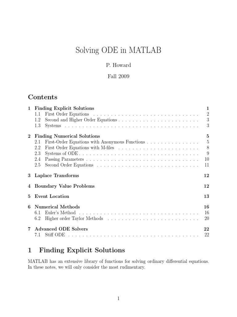 Solving ODE in MATLAB: P. Howard Fall 2009 | PDF | Ordinary ...