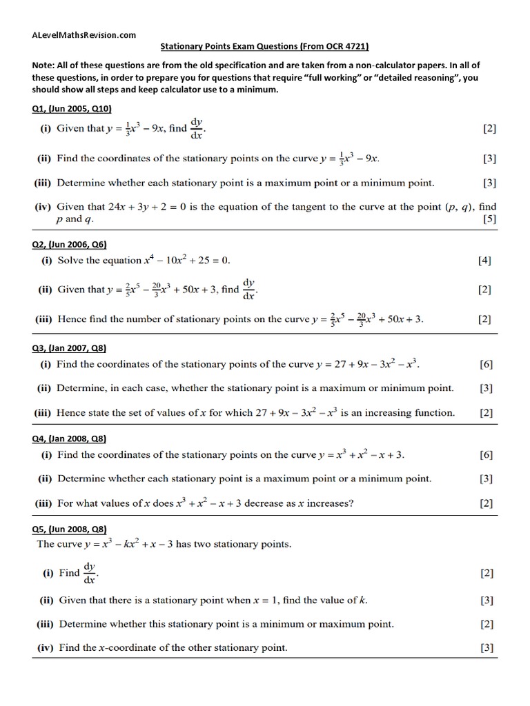 Stationary Points Exam Questions | PDF