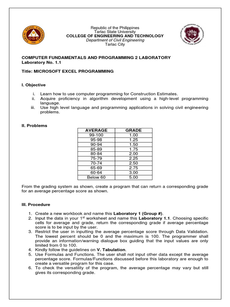 Computer Fundamentals and Programming 2 Laboratory Laboratory No. 1.1 Title: Microsoft Excel ...