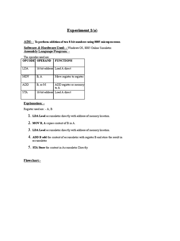 Experiment 1 (A) : AIM: - Software & Hardware Used: - Assembly Language Program | PDF ...