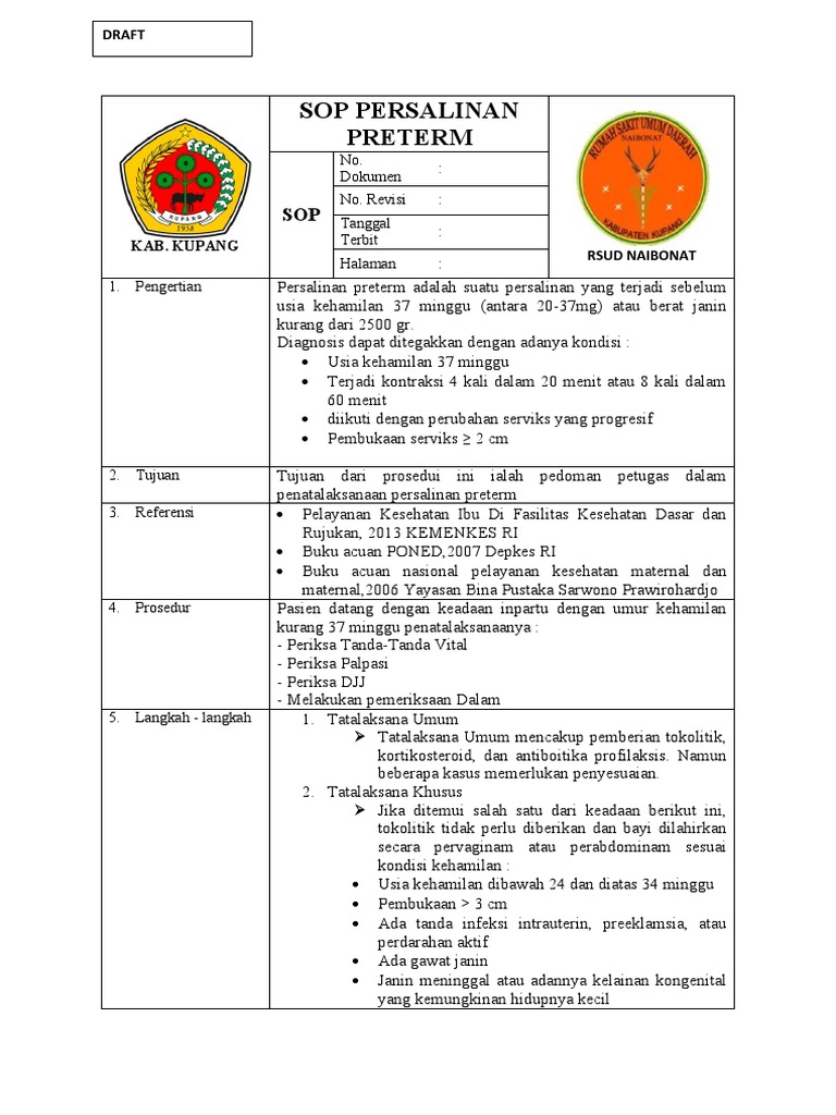 (Draft) SOP-PERSALINAN-PRETERM - RSUD Naibonat | PDF