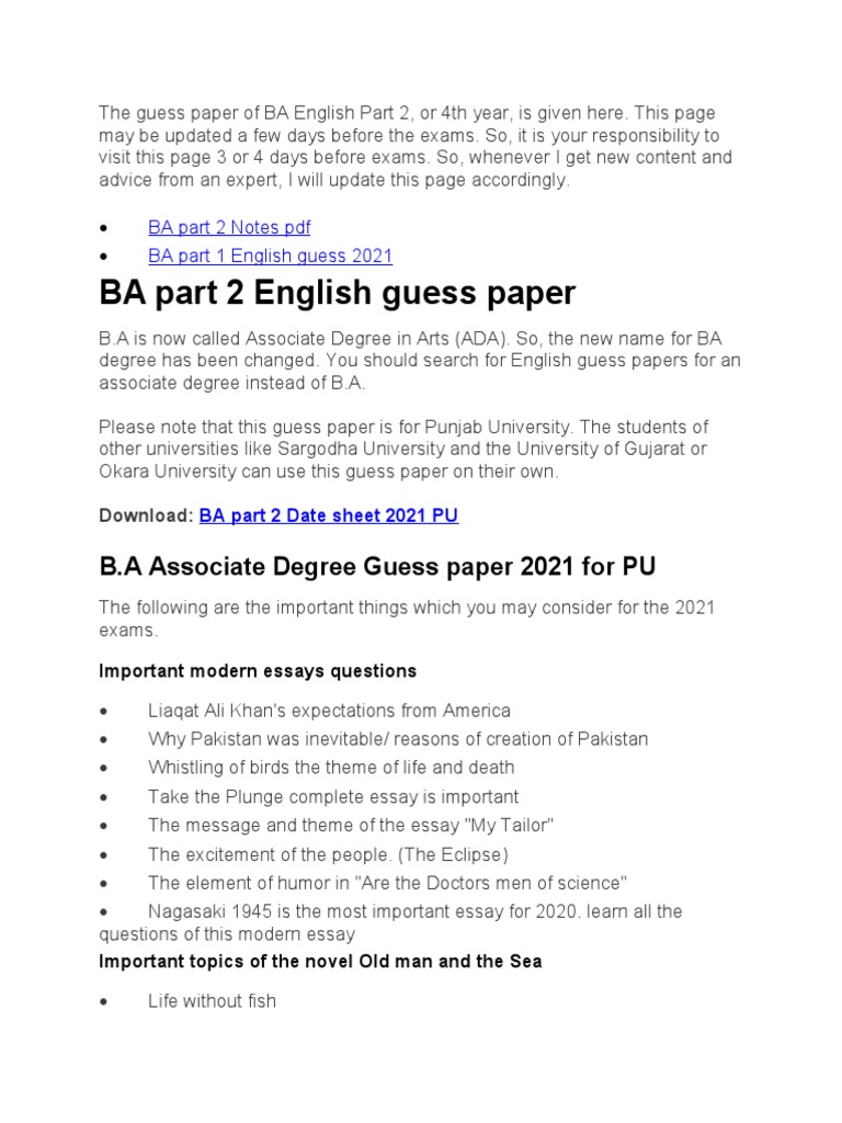 The Guess Paper of BA English Part 2 | PDF | Foreign Language Studies ...