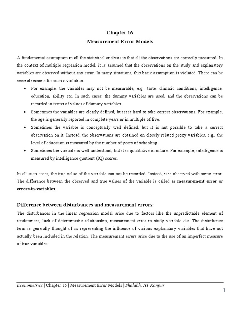Chapter16 Econometrics Measurement Error Models | PDF | Linear Regression | Errors And Residuals