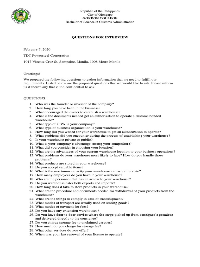 Questions For Interview: Republic of The Philippines City of Olongapo ...